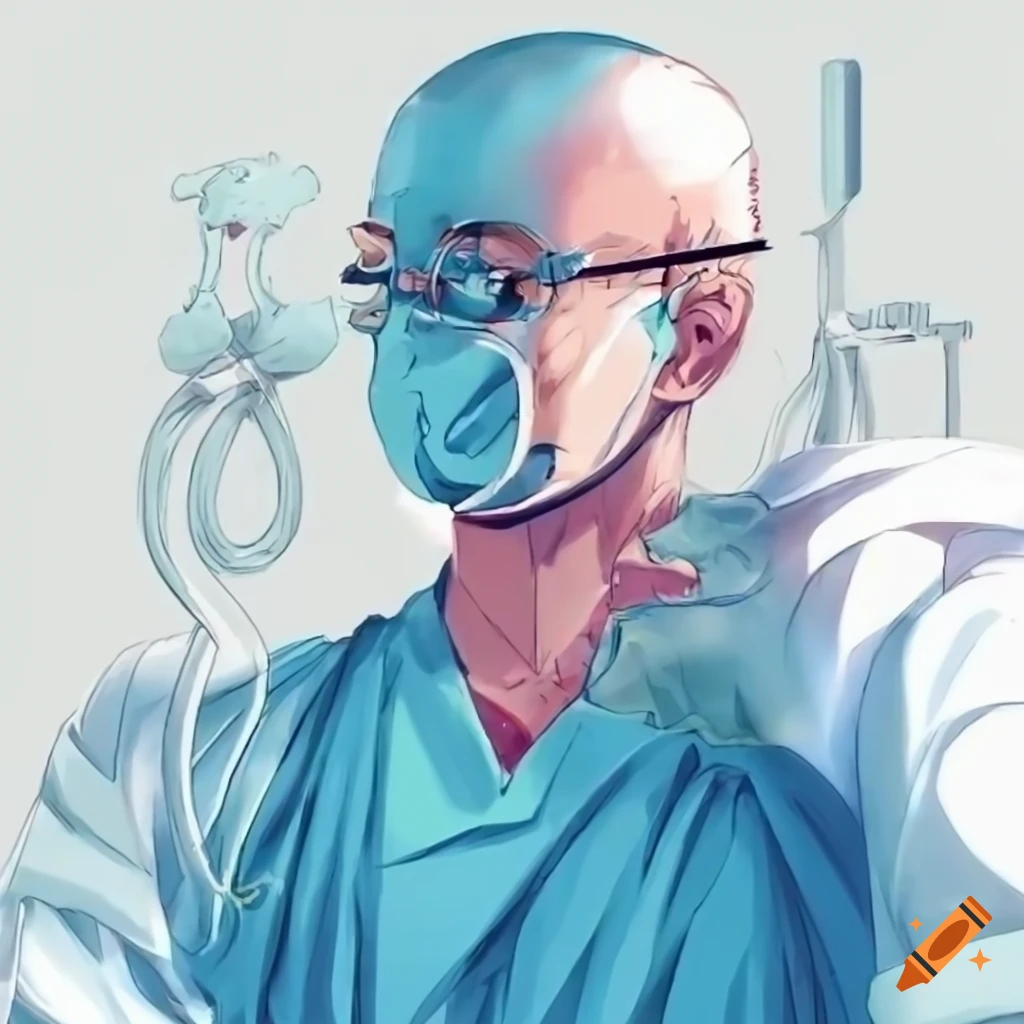 Manga-style illustration of a bald orthopedic surgeon doctor