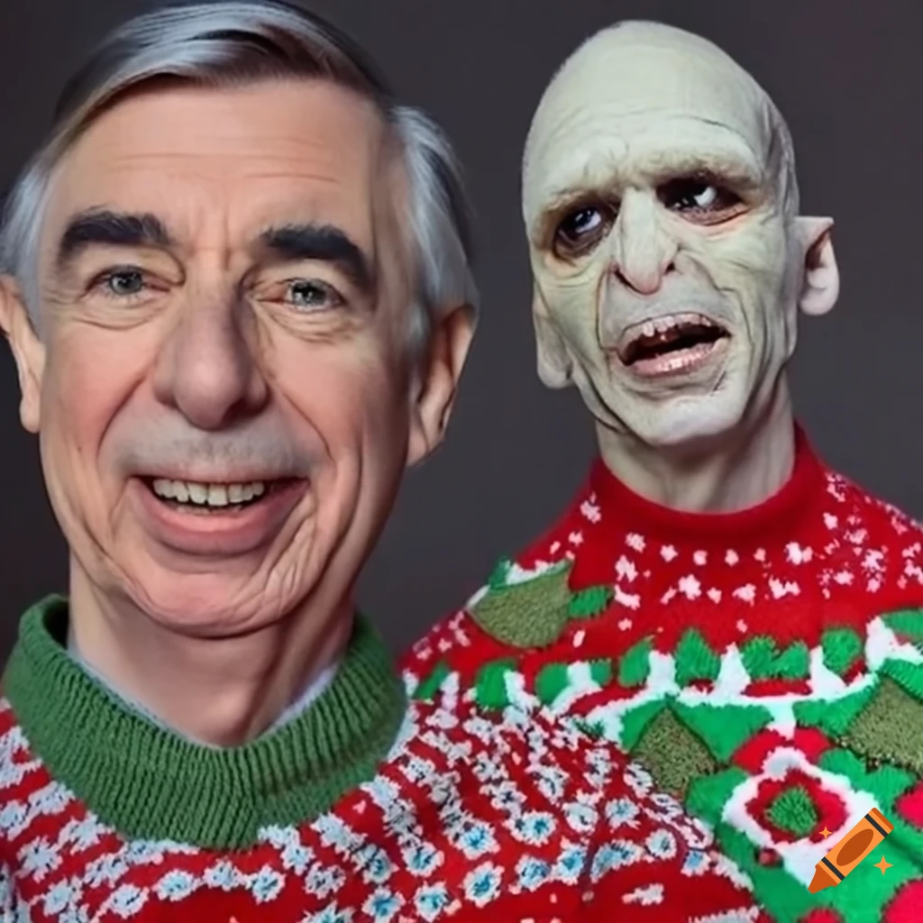 Mr rogers and voldemort posing in ugly christmas sweaters on Craiyon