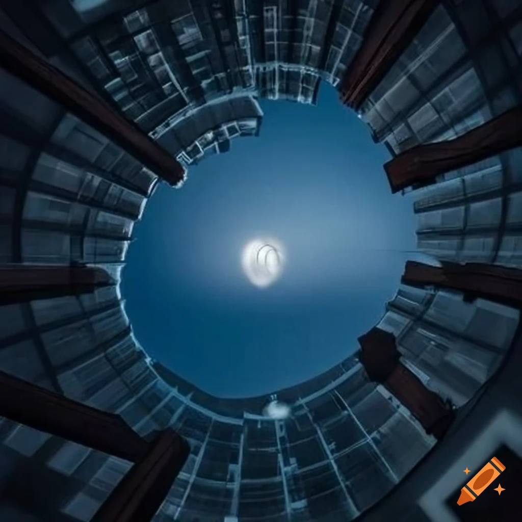 Distorted fish-eye cityscape with tall buildings