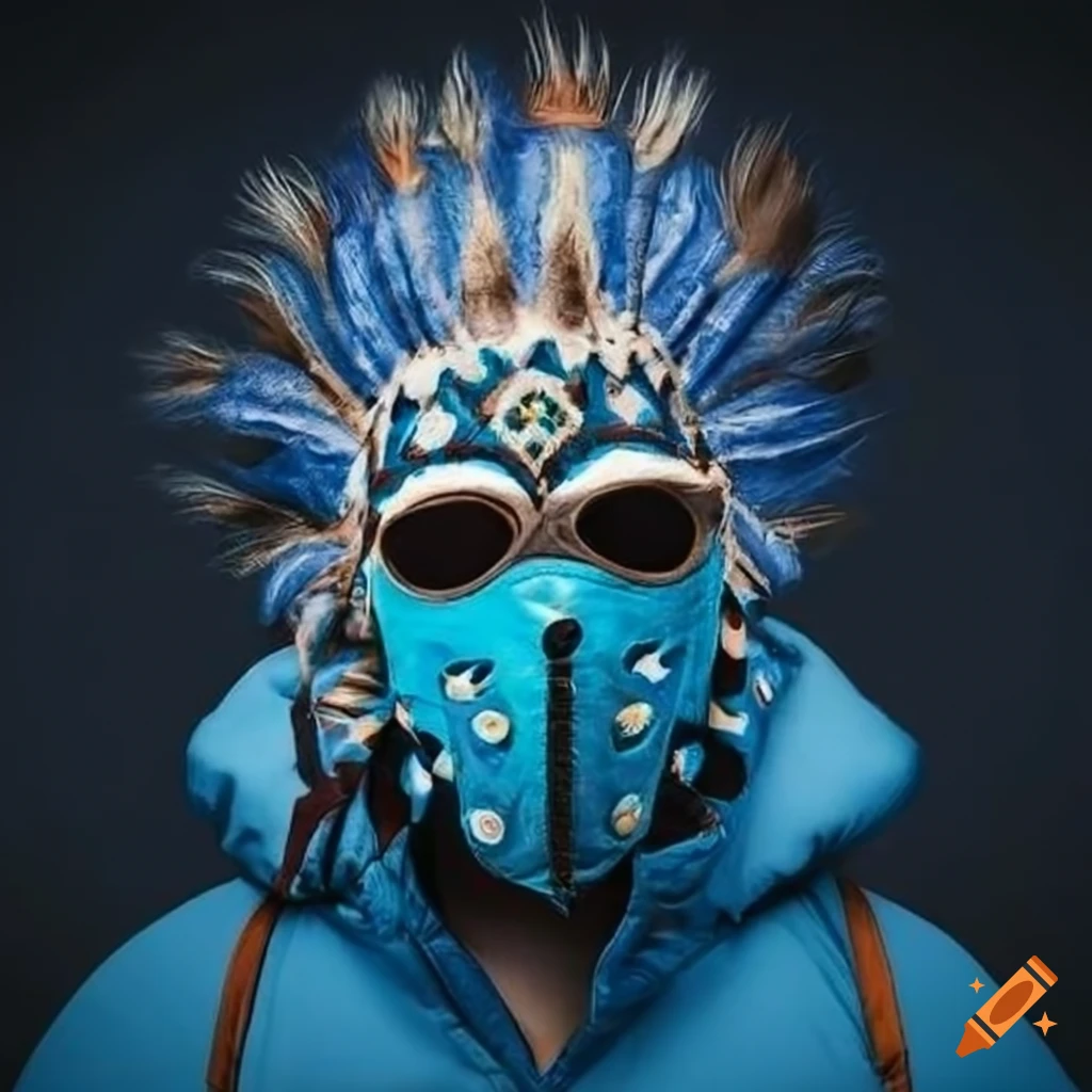 Man wearing tribal mask and puffer jacket