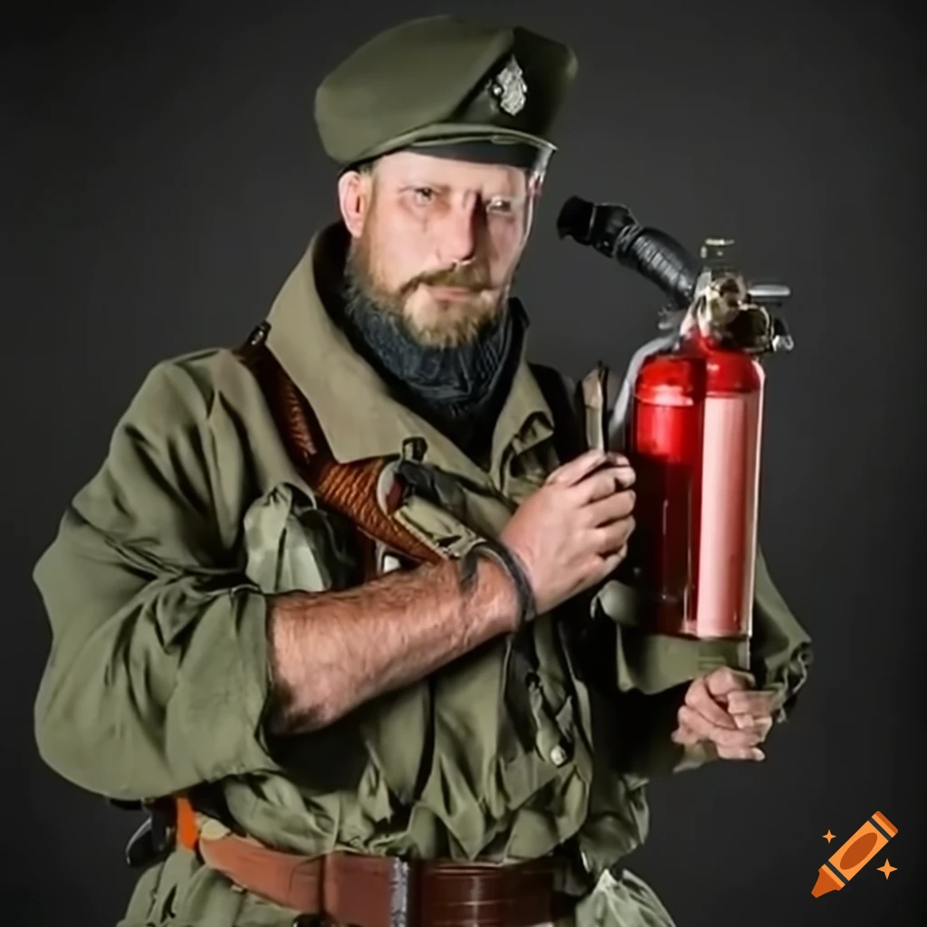 Grzegorz Braun dressed as Rambo with a fire extinguisher on Craiyon