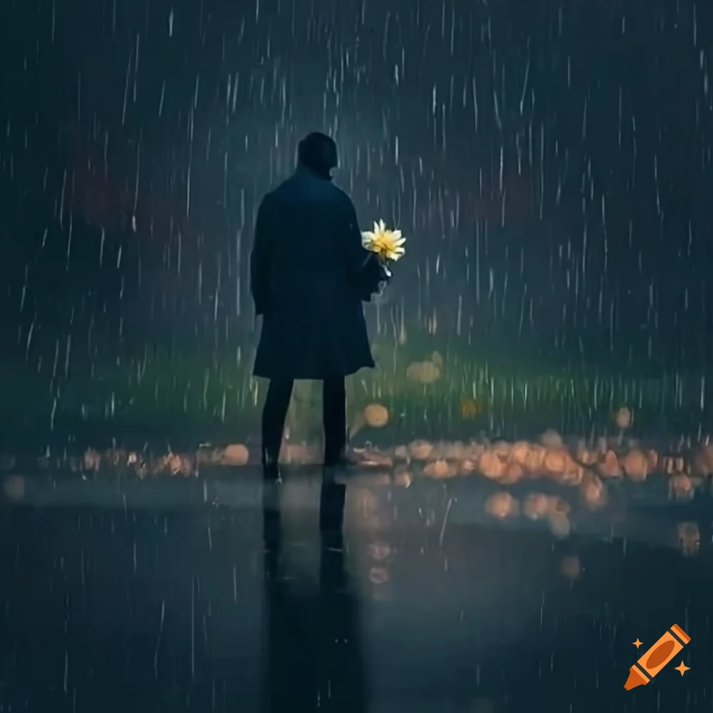 Man walking in the rain with a bouquet of flowers
