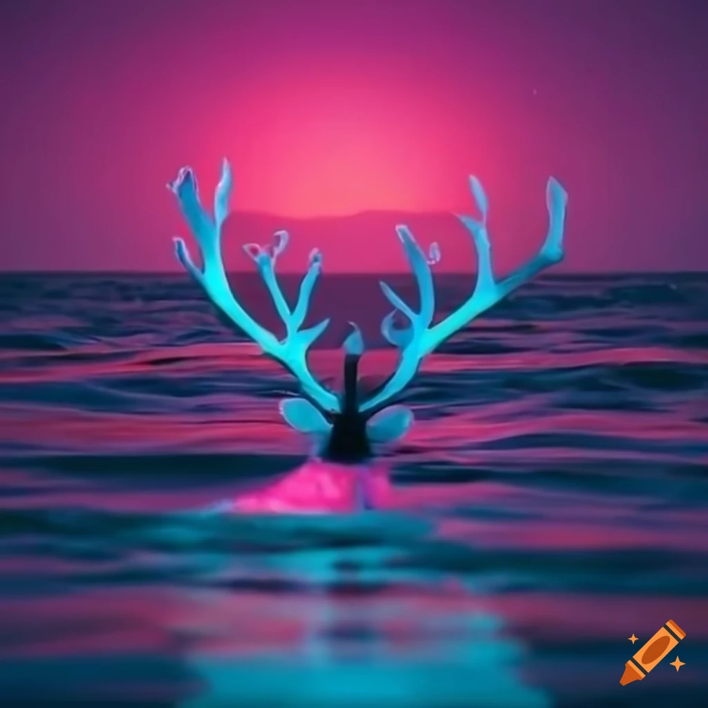 Neon ocean with reindeer antlers at sunset on Craiyon