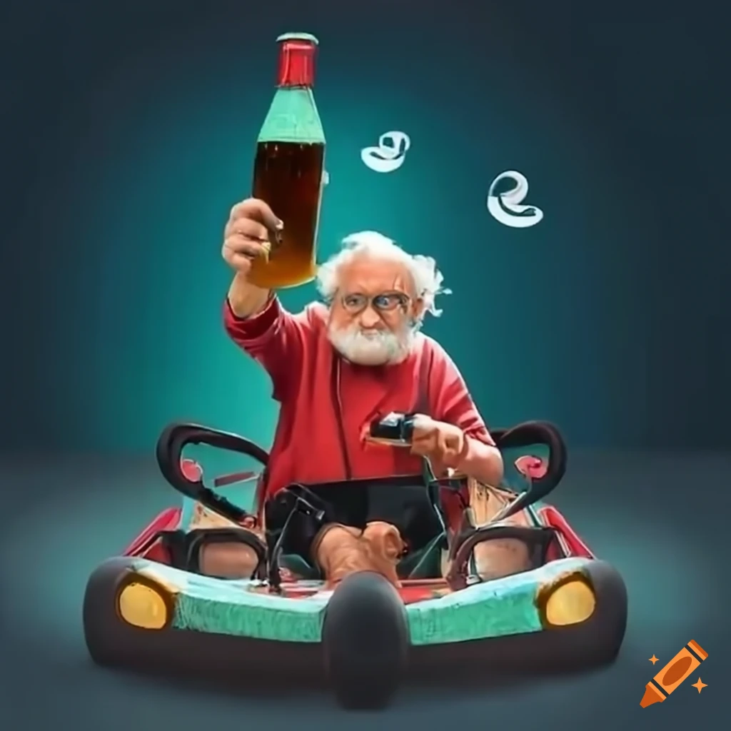 Humorous image of an old man in a go kart holding a beer and a laser ...