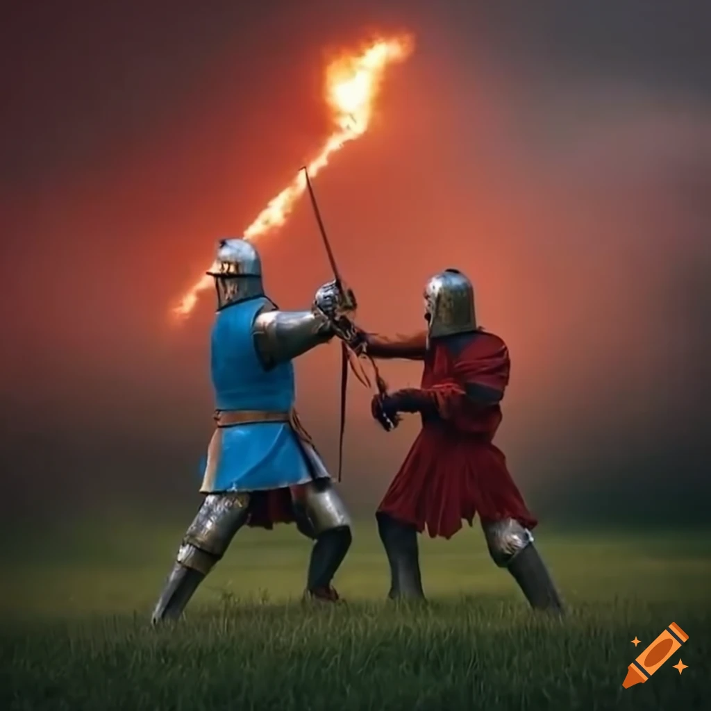 Medieval battle with knights and flaming balls in the air on Craiyon
