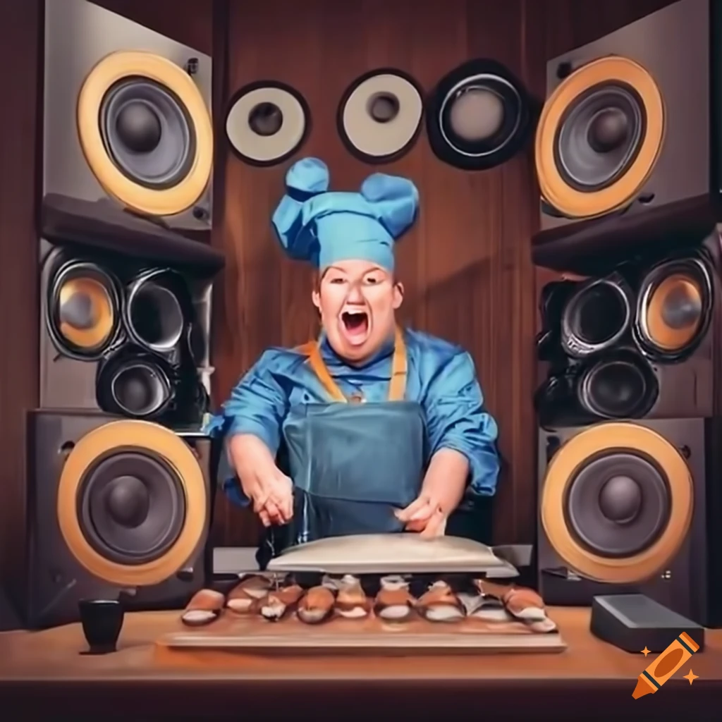 Chef multitasking in a music-filled kitchen on Craiyon