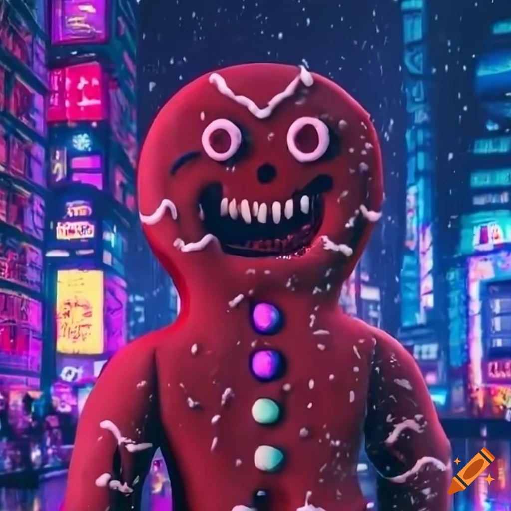 Neon gingerbread man in a cyberpunk city on Craiyon