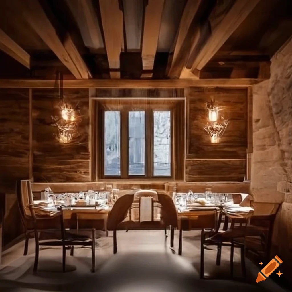 Interior of a cozy alpine-style luxury restaurant
