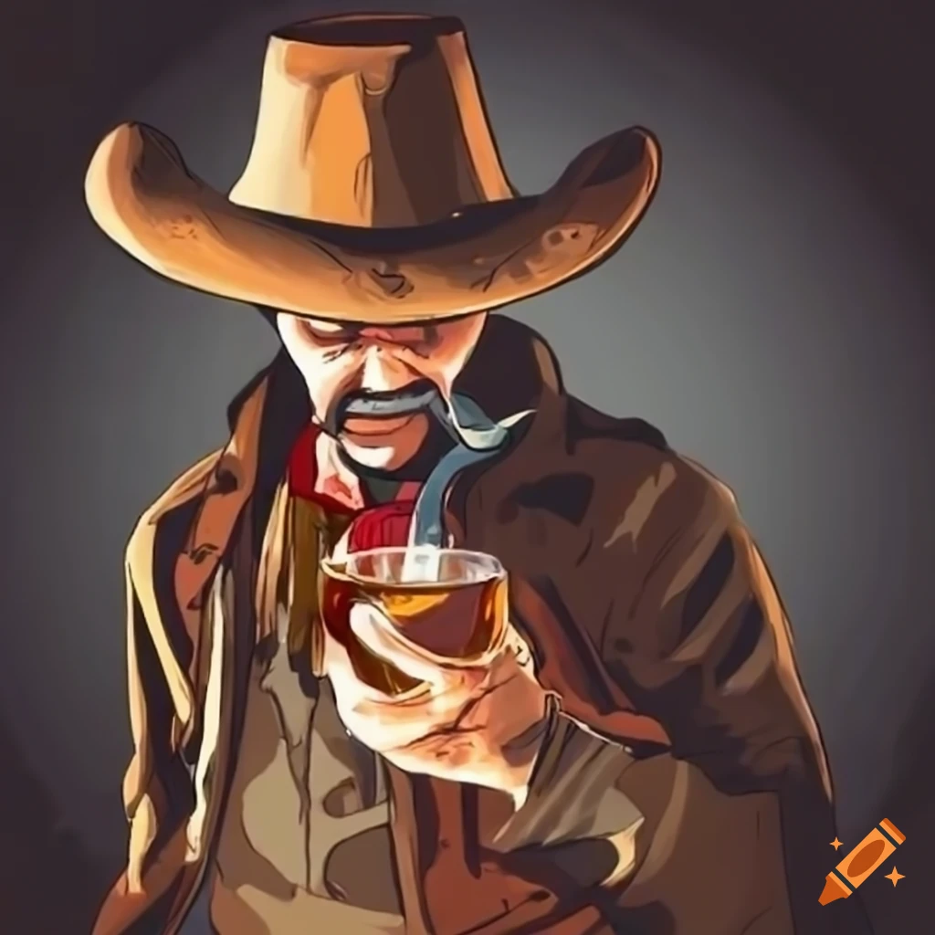 Cowboy drinking whiskey from revolver on Craiyon