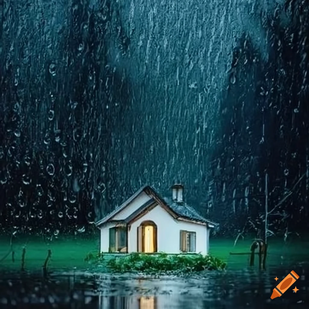 Illustration d'une maison sous la pluie on Craiyon