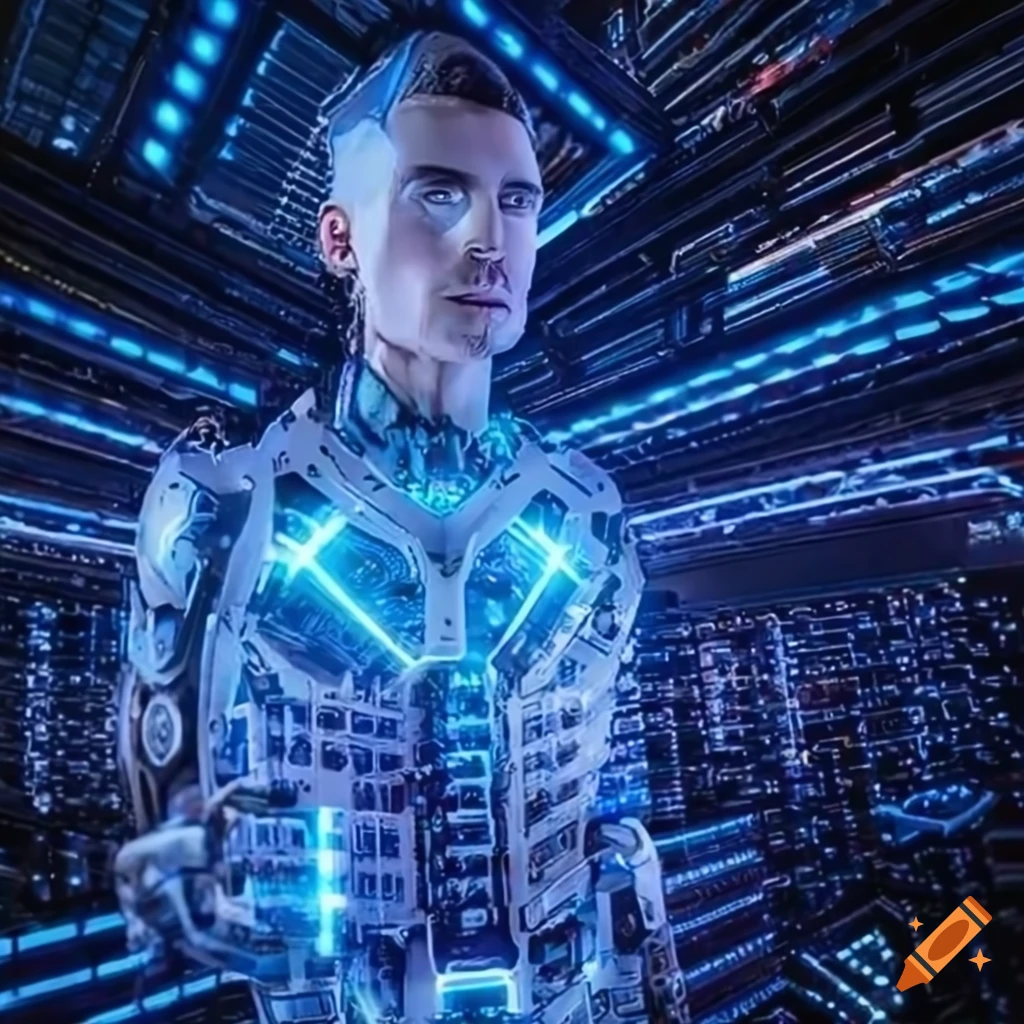Highly detailed image of a male cyborg with led lights