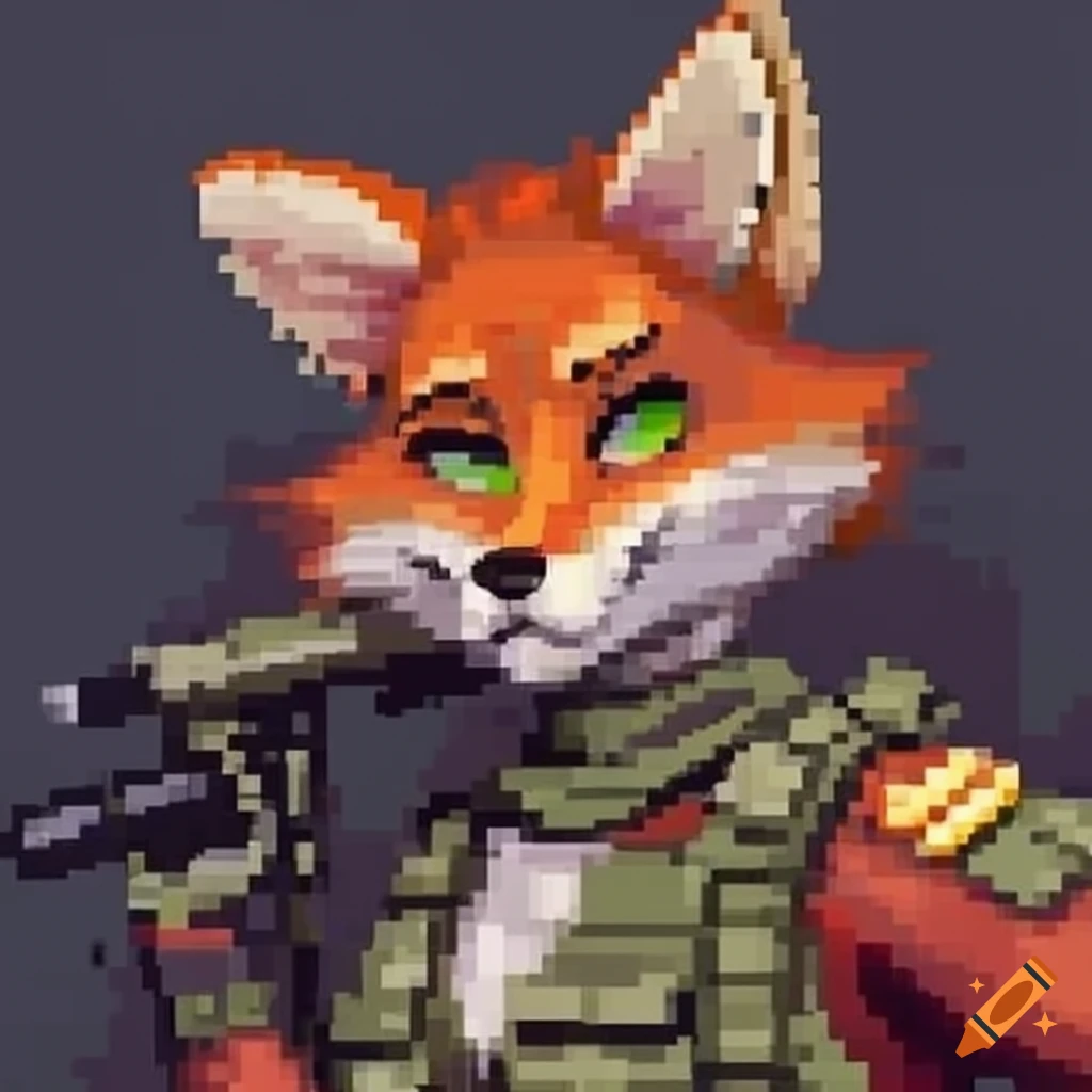 Pixel art of a fox in military gear