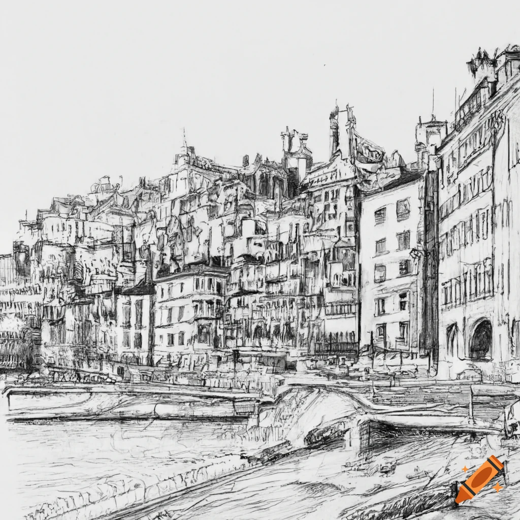 Pencil drawing of ancient lyon in france