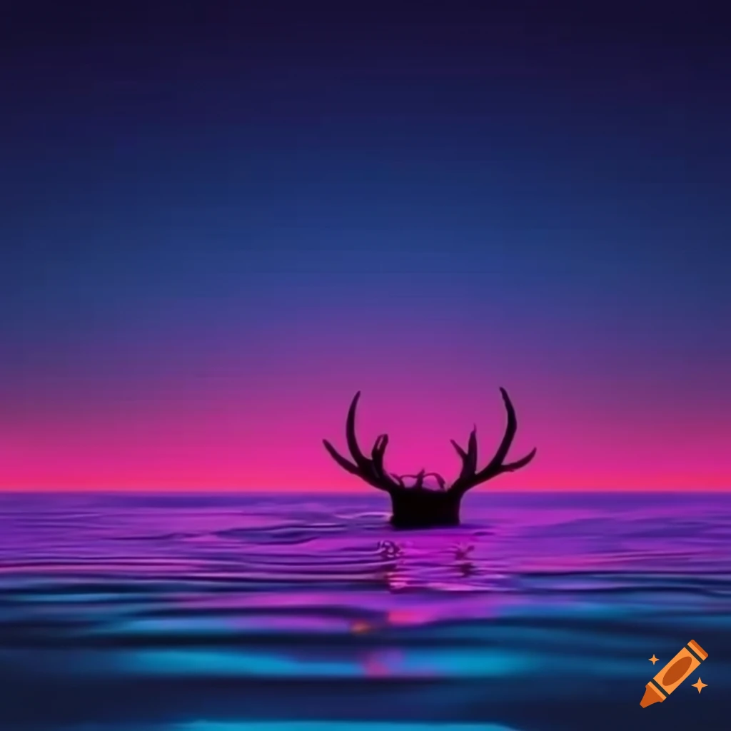 Neon synthwave sunset with antlers swimming in the ocean on Craiyon