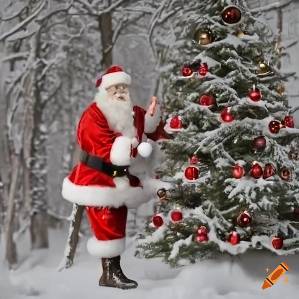 Realistic santa claus with presents and christmas tree on Craiyon