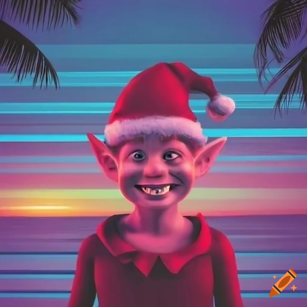 Neon synthwave sunset with a Christmas elf on a beach on Craiyon