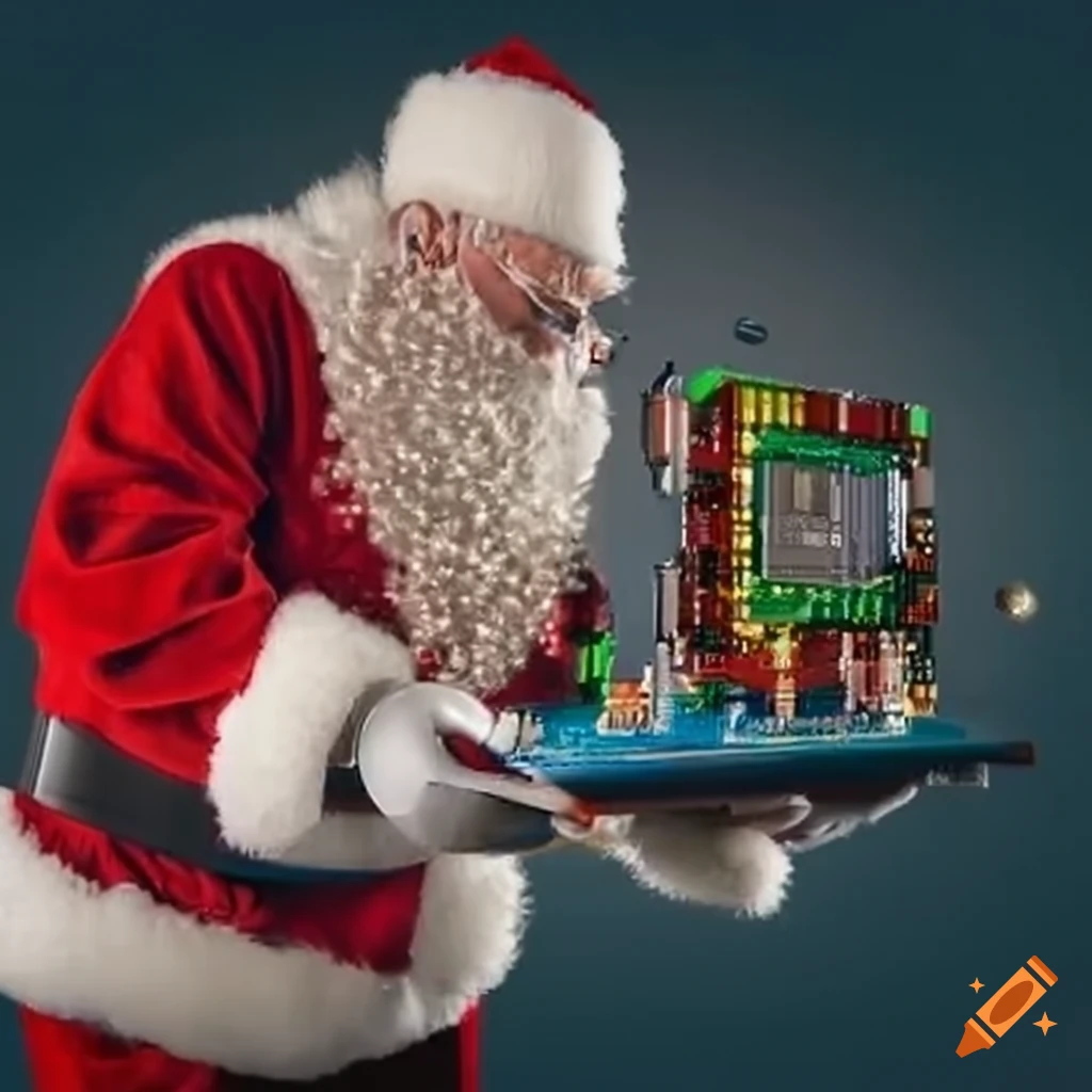 Artistic depiction of santa claus designing analog chips