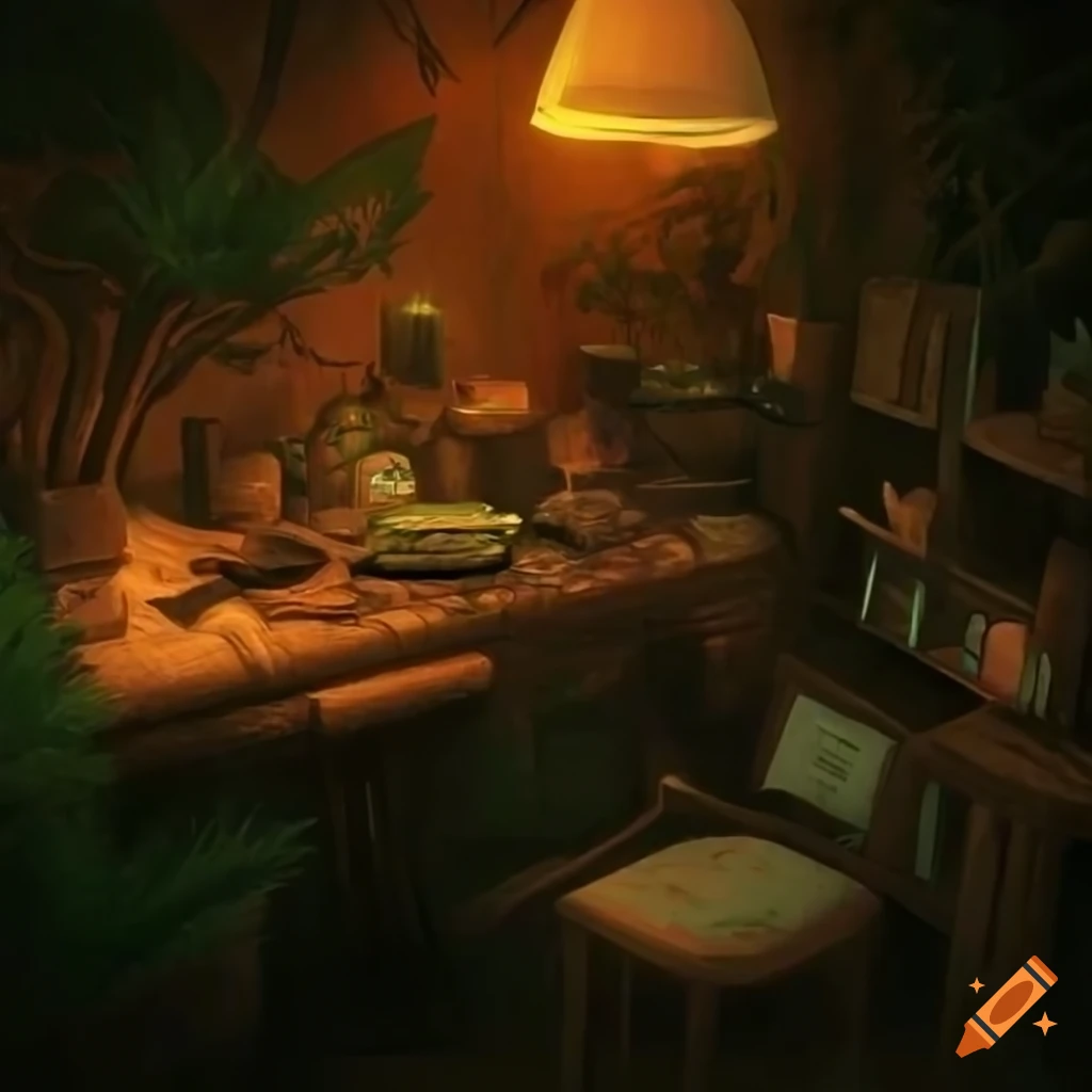 Cozy fantasy study room with plants