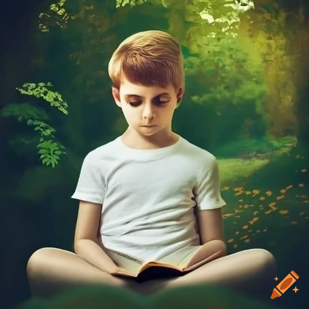 Surreal image of a boy finding an ancient book in a garden