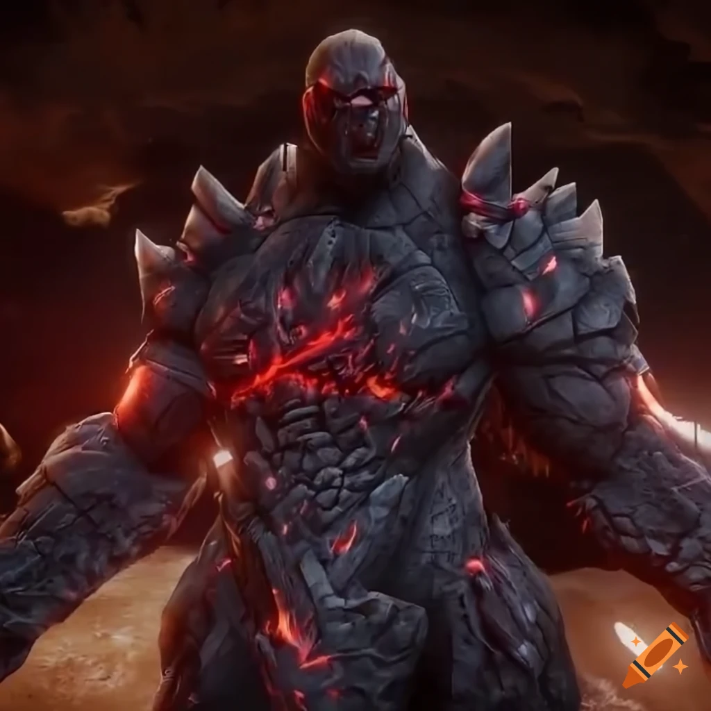 Portrait of a black stone armored golem cyborg with red glowing ...