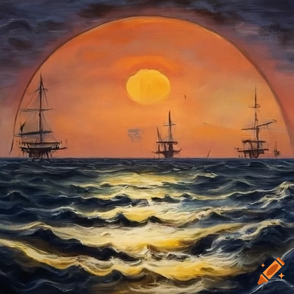 Painting of ships at sea during sunset