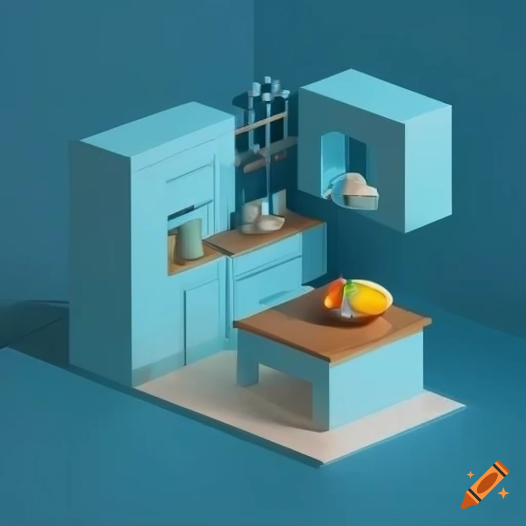 Isometric cozy cube room with kitchen and stairs
