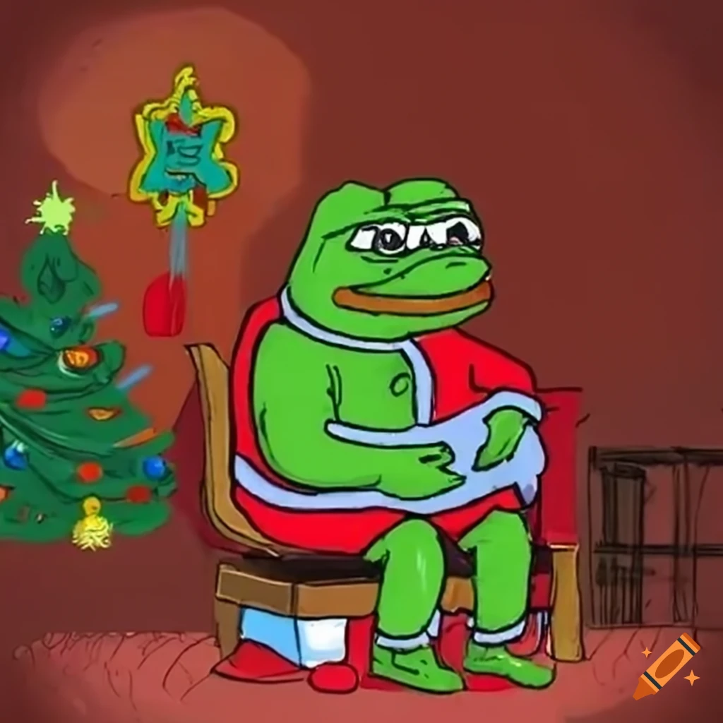 Christmas-themed pepe the frog sitting by the tree