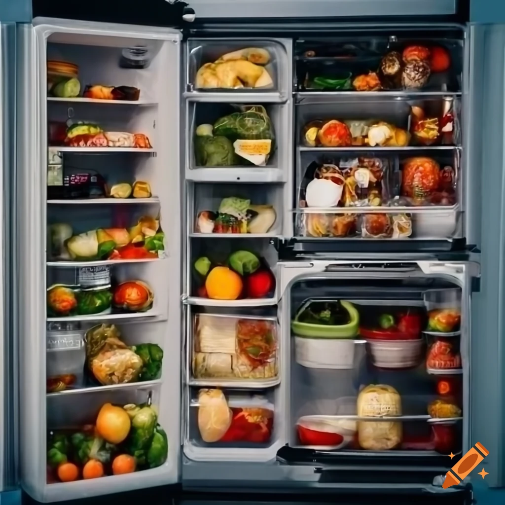 Organized fridge full of food and messy kitchen