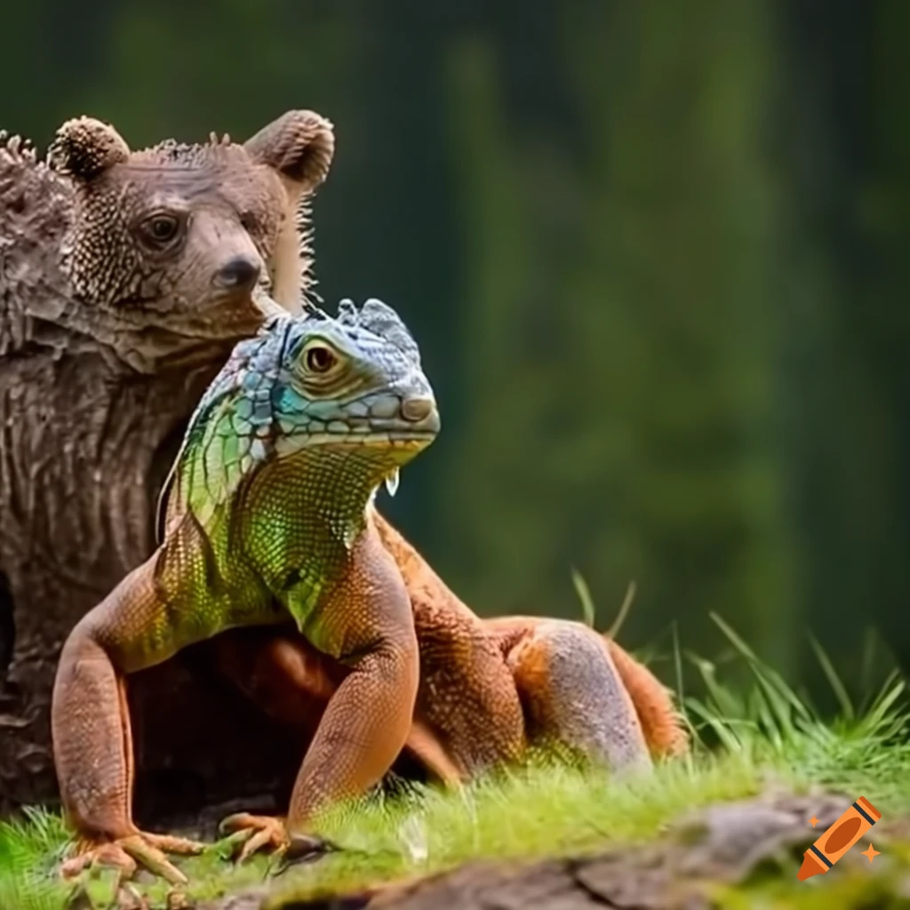 Iguana and bear near the mountains on Craiyon