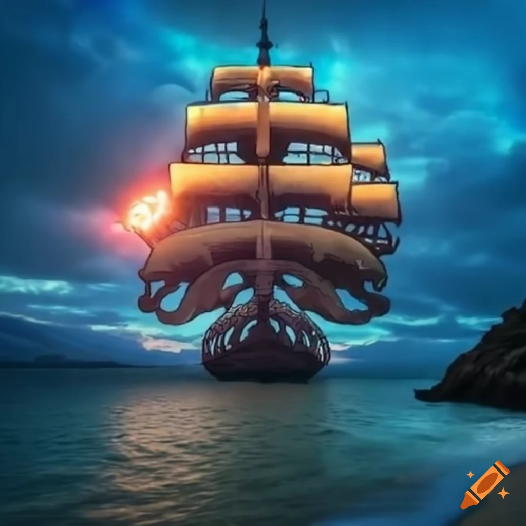 Emblem of one piece anime with a legendary ship and sea creatures