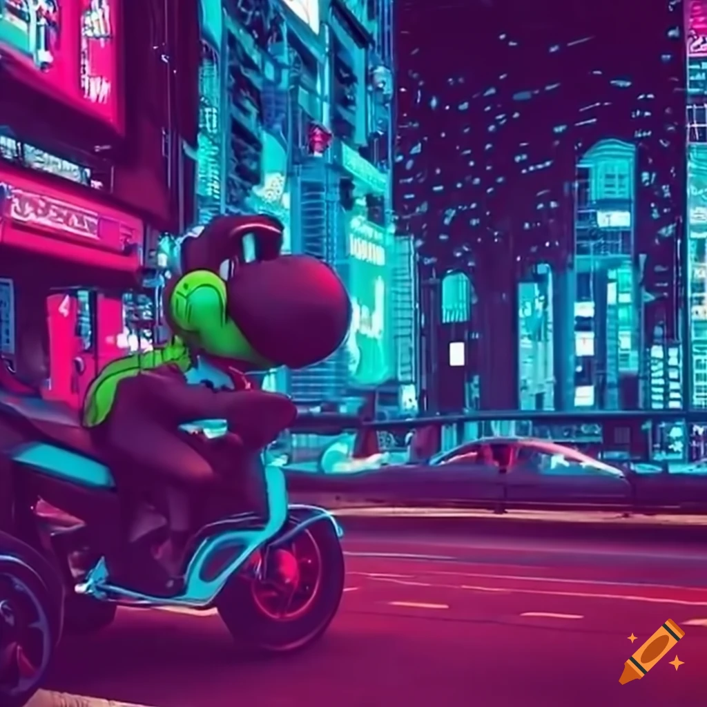 Yoshi riding a futuristic motorcycle in a neon city on Craiyon