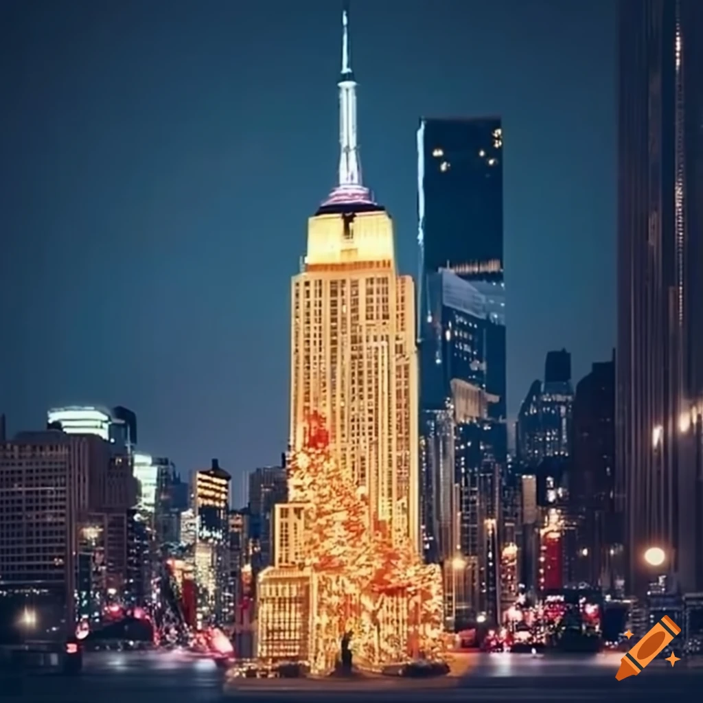 Empire state building made of christmas lights and food
