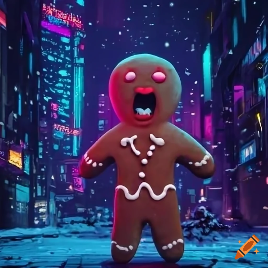 Gingerbread man screaming in neon cyberpunk city snowfall on Craiyon