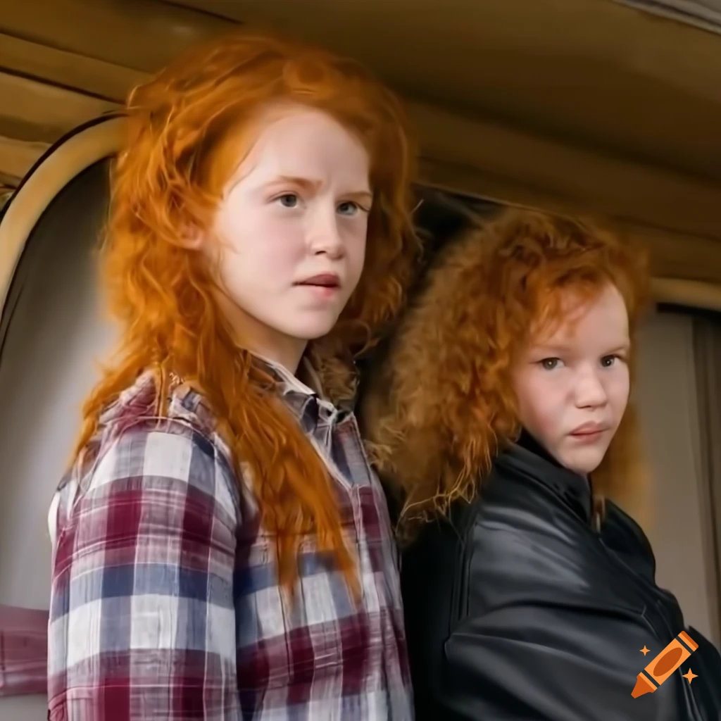 Side view of two ginger female twins standing in a doorway