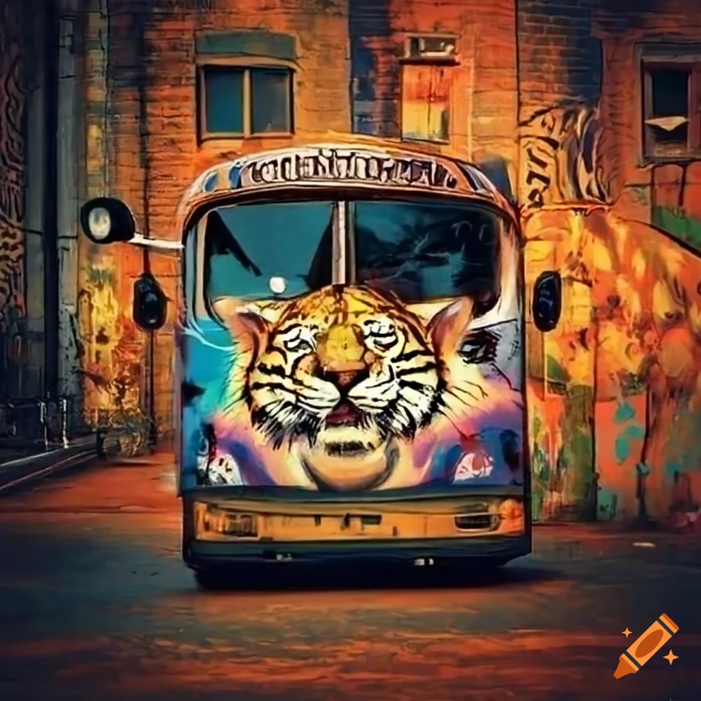 Graffiti style bus with tiger face and hancock place
