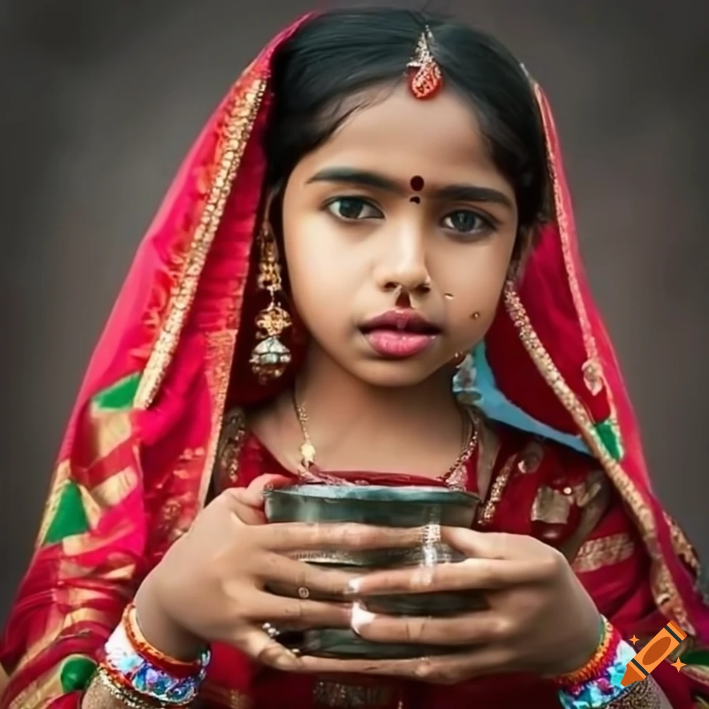 Indian Girl In Traditional Clothing Holding Small Water Pot