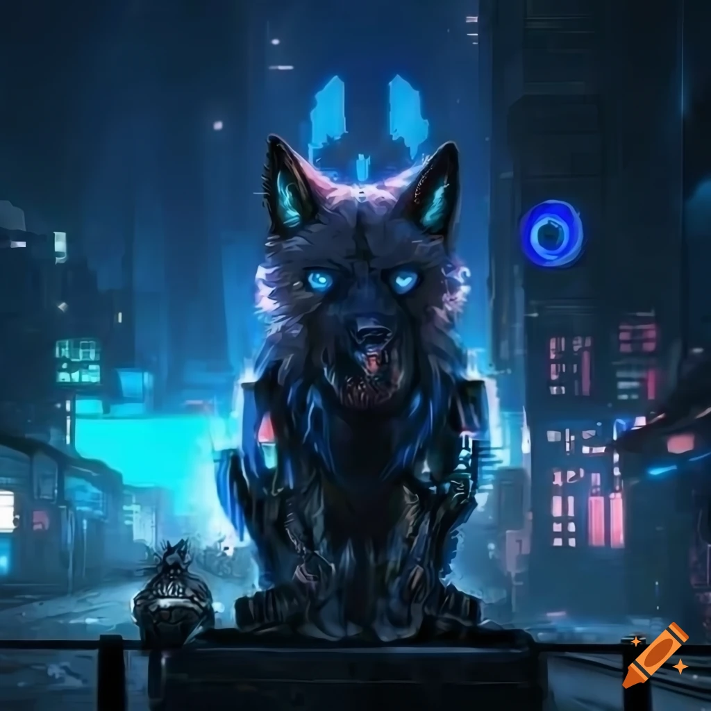 Cyberpunk wallpaper of a mechanical wolf in a city on Craiyon