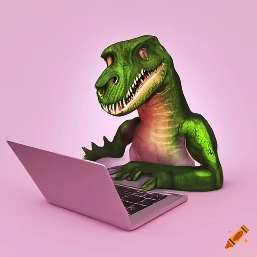 Funny artwork of a t-rex using a laptop