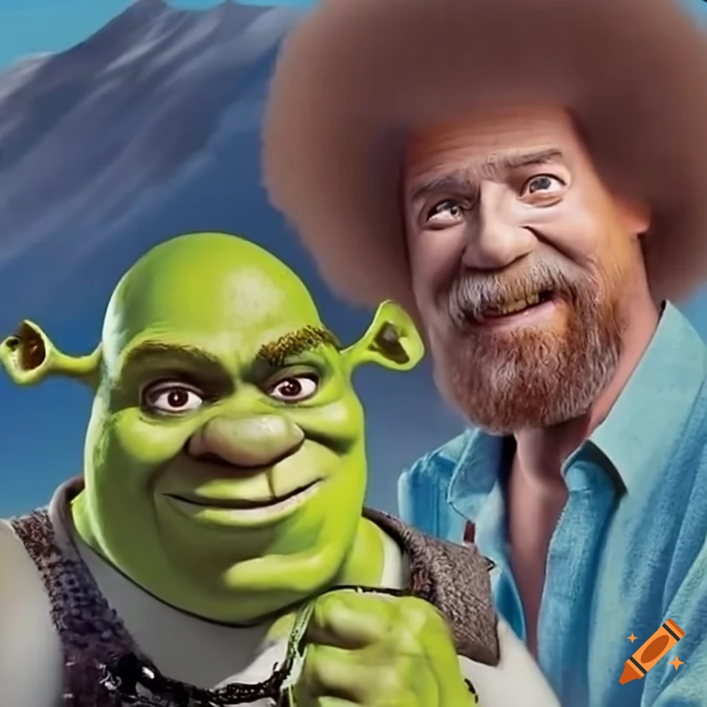 Satirical image of walter white, bob ross, and shrek in a laboratory