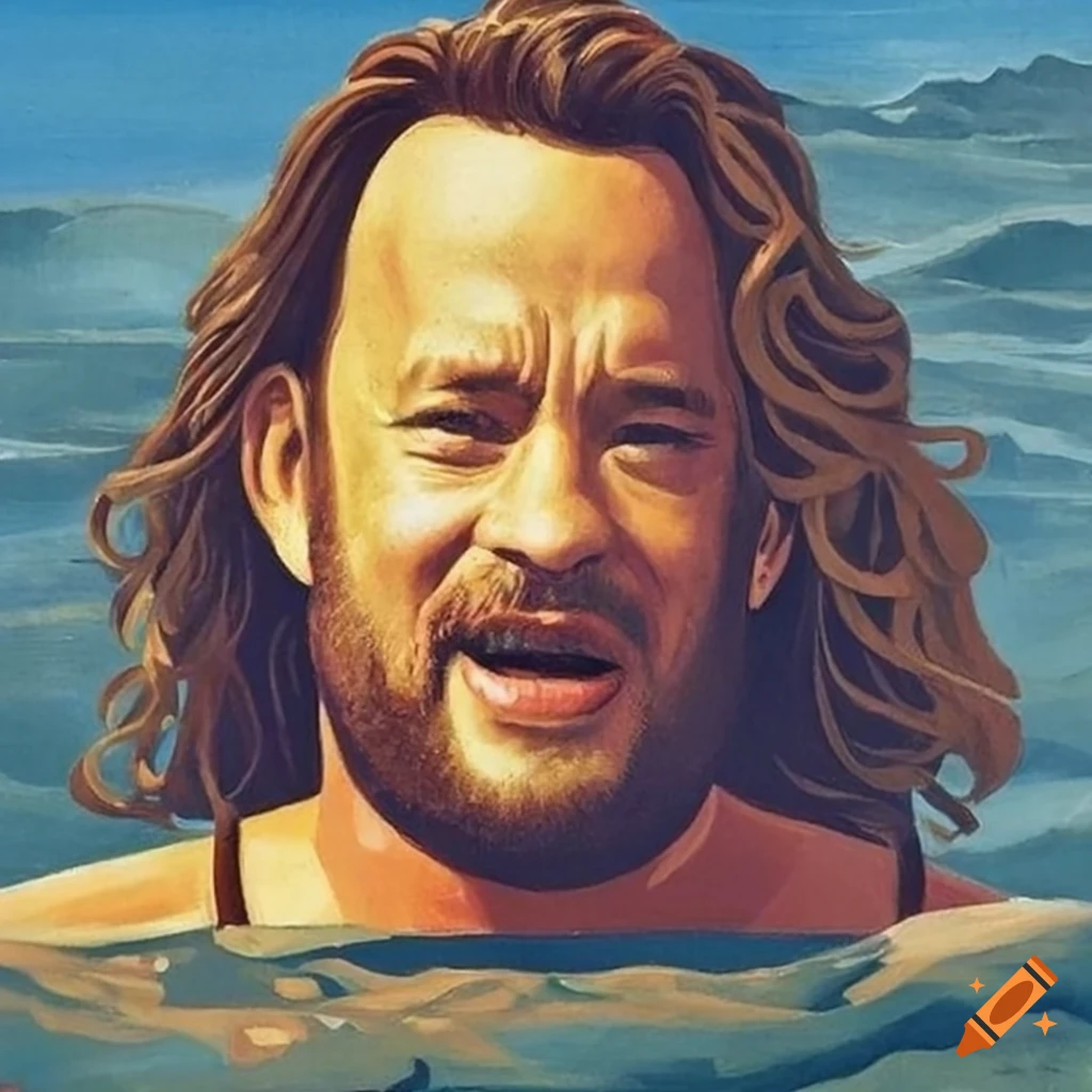 Illustration of Tom Hanks as Chuck Noland in Cast Away on Craiyon