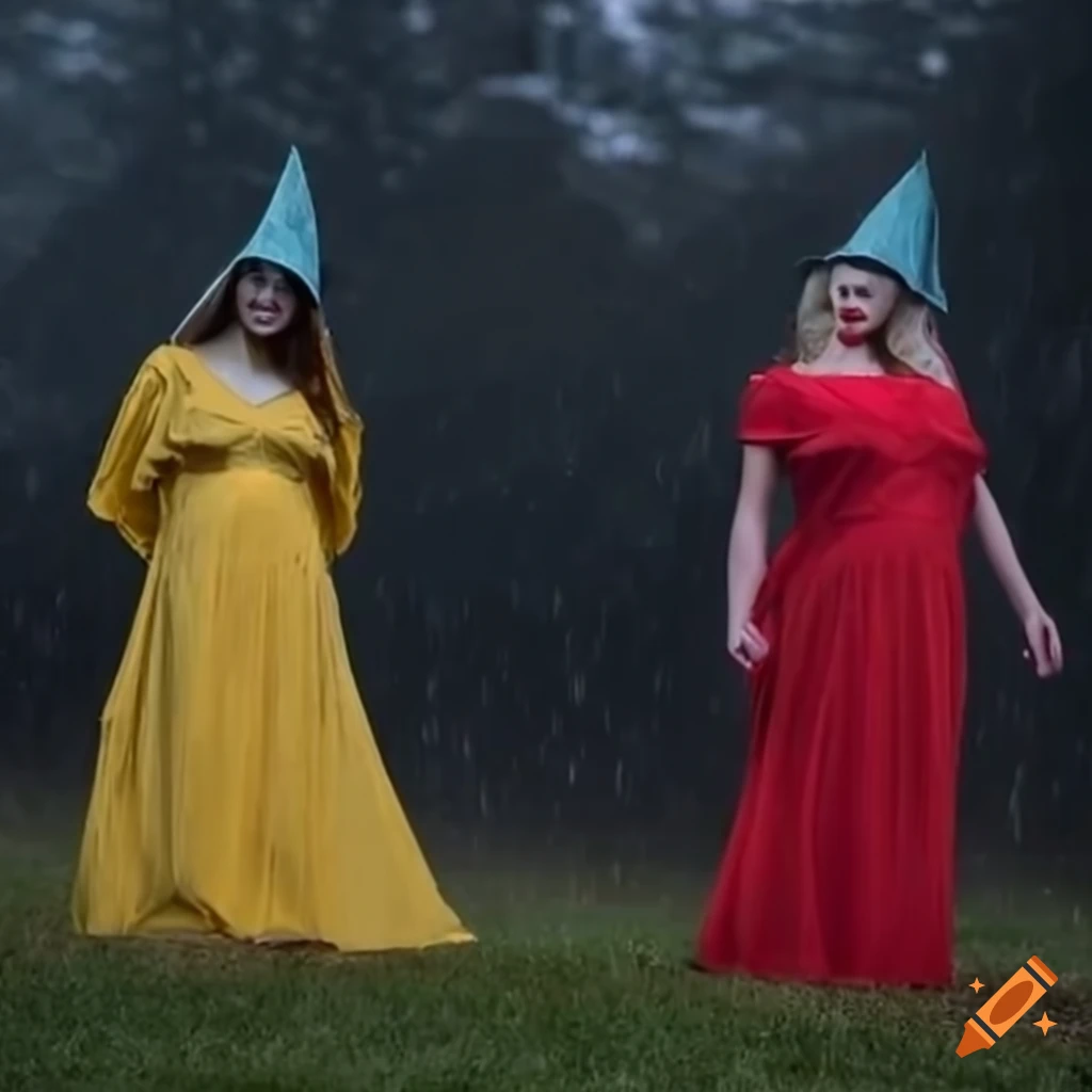 Unsettling image of three women in gowns in a dark field on Craiyon