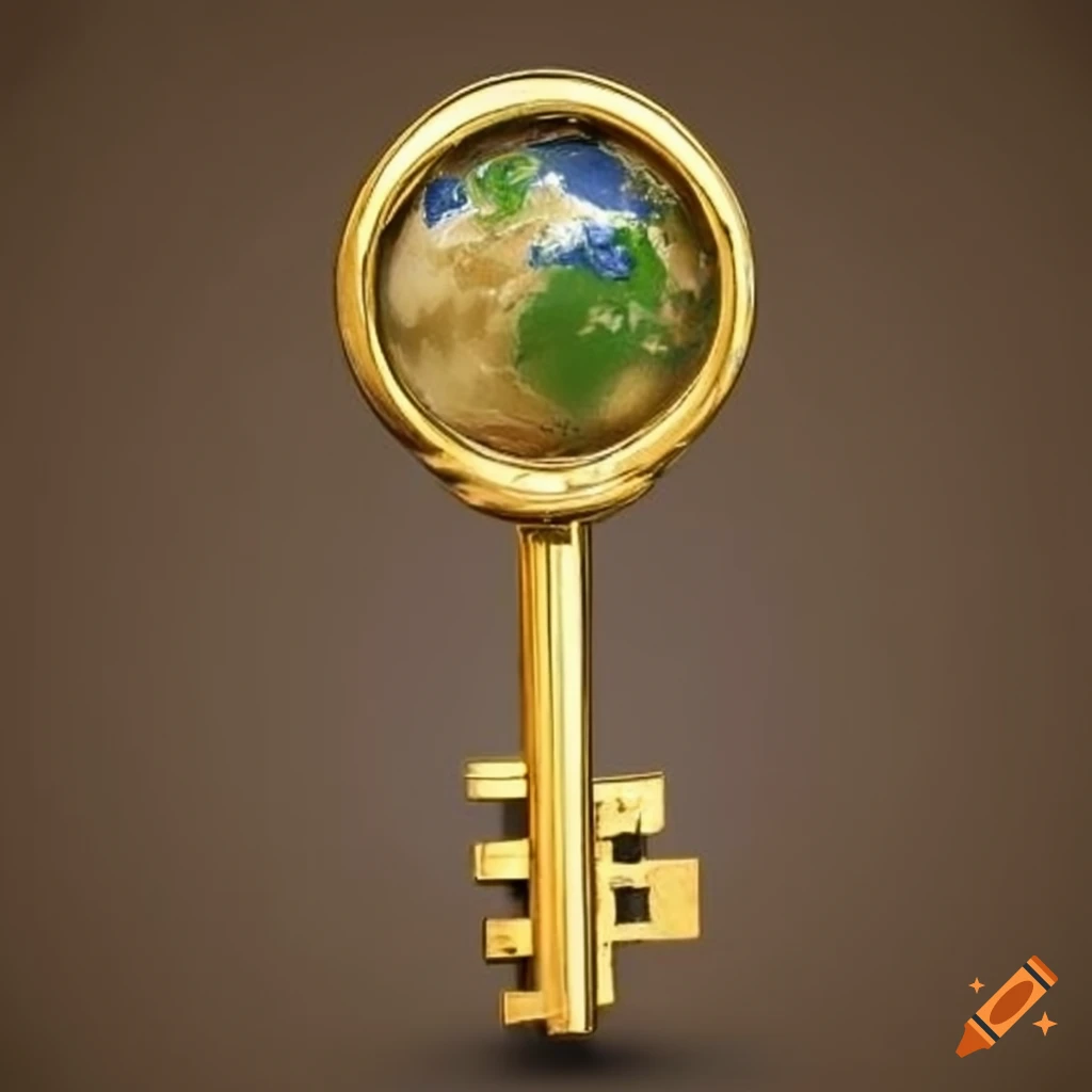 Gold metallic key with earth motif