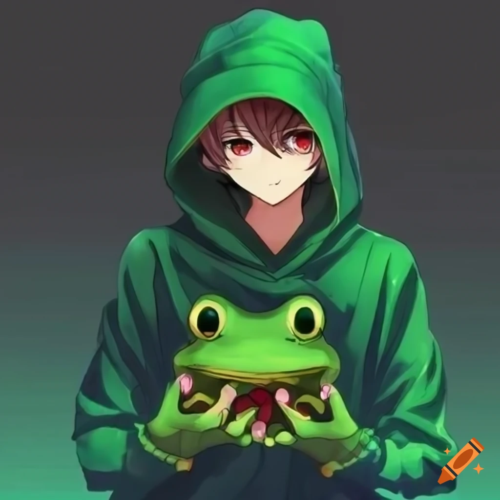 Anime illustration of a frog boy wearing a green hoodie with a lotus ...