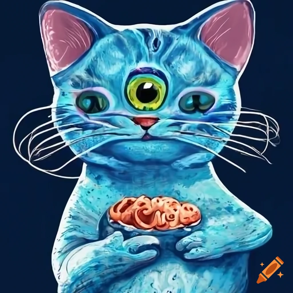 Blue cartoon cat holding baked beans