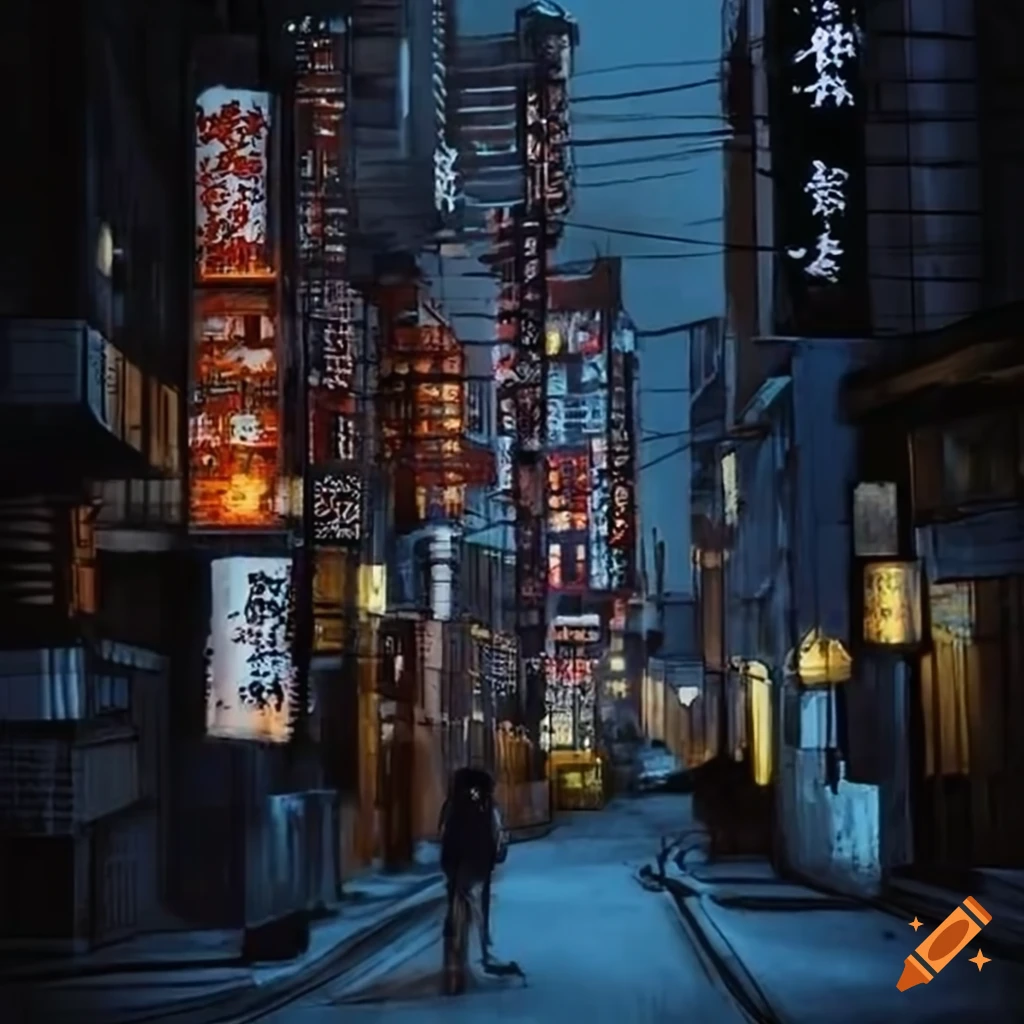 Pencil drawing of tokyo city at night