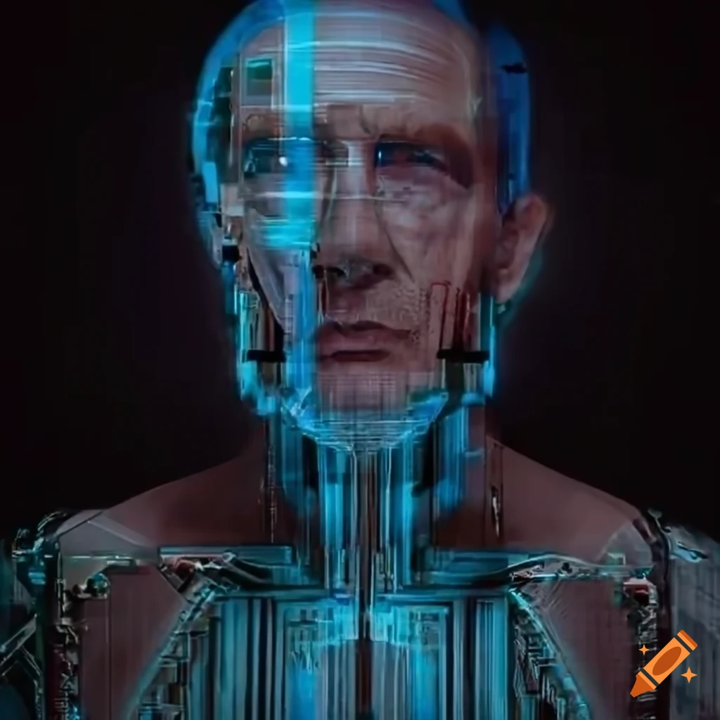 Detailed image of a futuristic cyborg passing through a time rift on ...