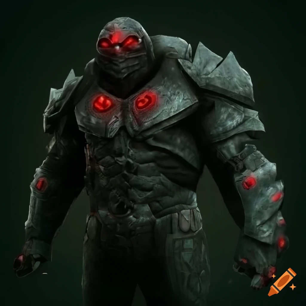 Portrait of a cyborg golem with red crystals and sci-fi weapon on Craiyon