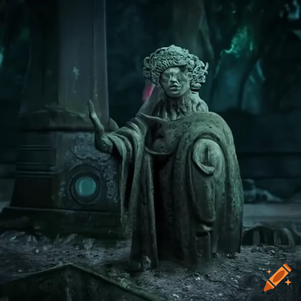 Stone statues in a dark cemetery