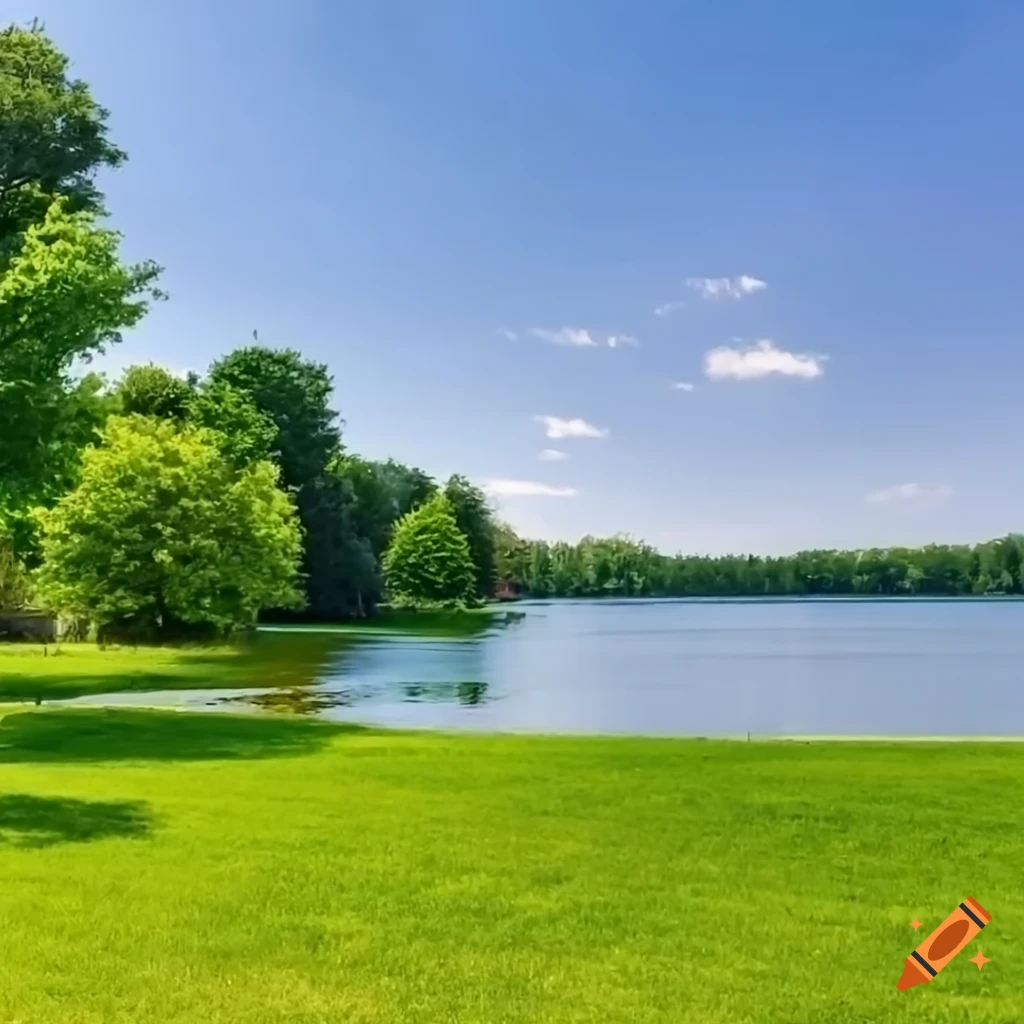 Sunny park scenery with trees and lake