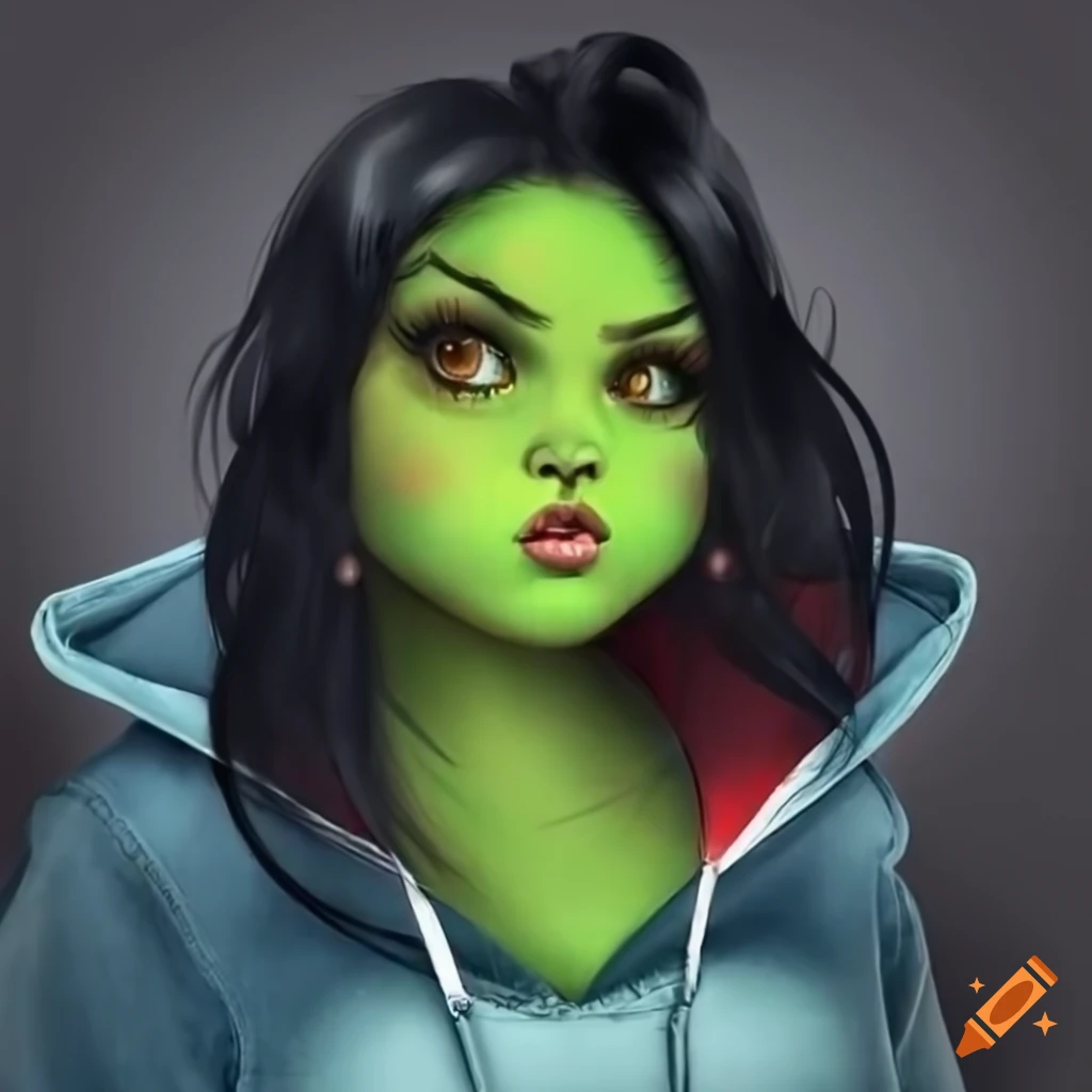 Cosplay of a Fat Grinch girl wearing a hoodie and jeans on Craiyon